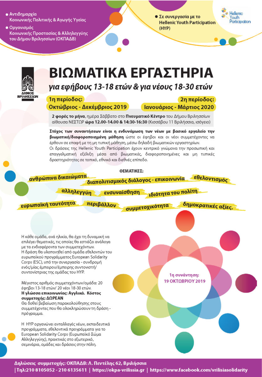 Βιωματικά εργαστήρια για εφήβους και νέους από τον Δήμο Βριλησσίων ...